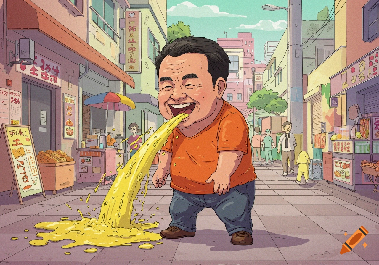 A cartoon style illustration of a person throwing up on a city street ...