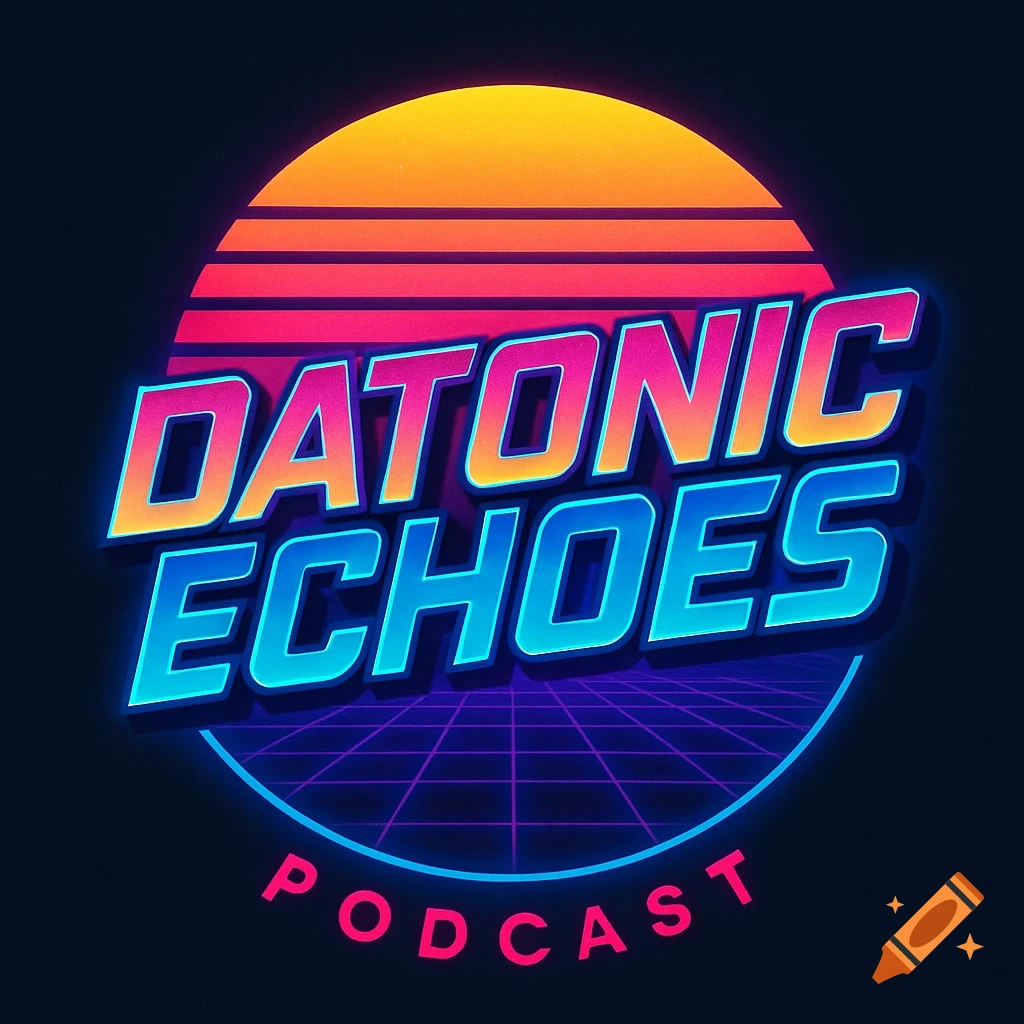 Retro synthwave podcast logo with text 'Datonic Echoes Podcast ...