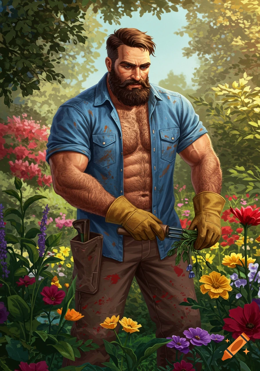 A muscular, bearded man gardening in a vibrant flower garden, in an ...