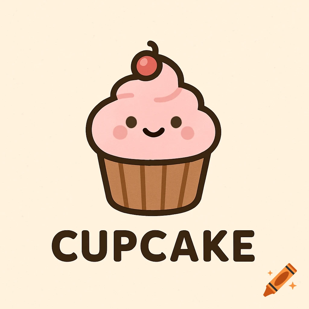 Cute cartoon cupcake logo with a face and cherry, above the word ...