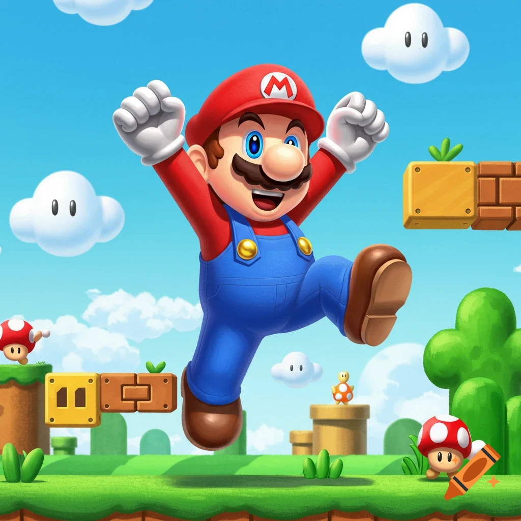 Cartoon image of Mario jumping in a Super Mario Bros level with clouds ...