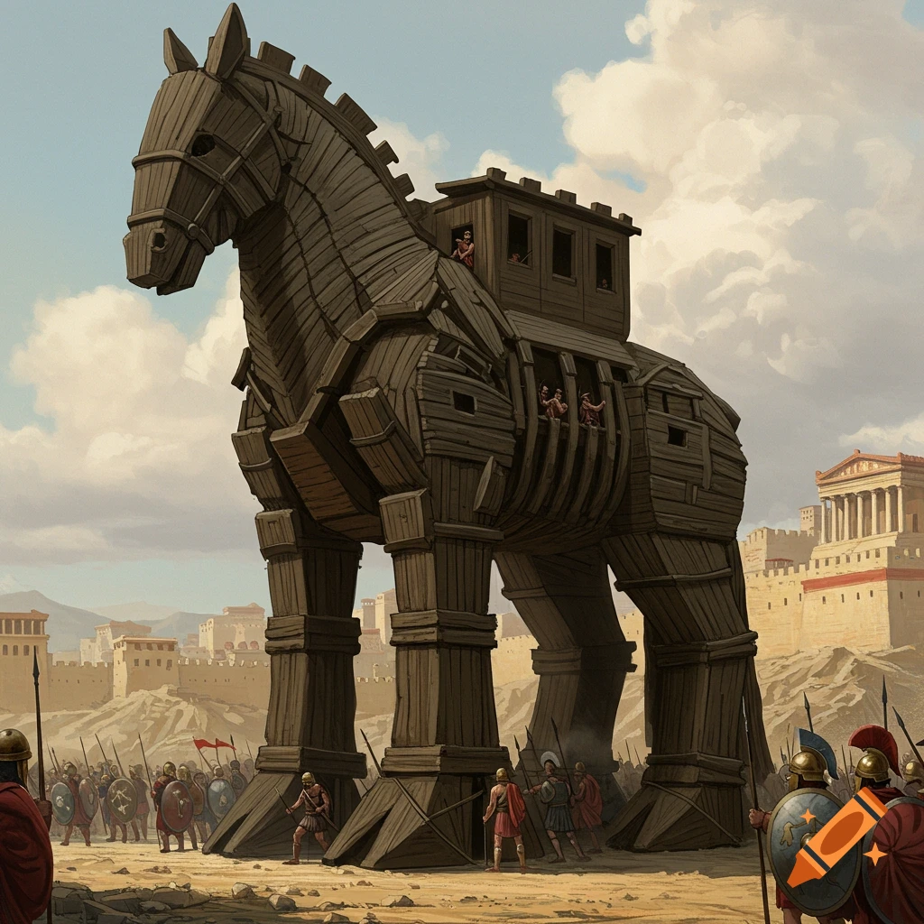 Large wooden Trojan horse outside ancient city walls with soldiers. on ...