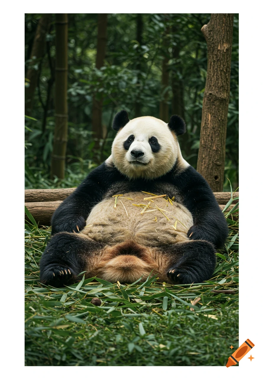 A large panda sits facing forward in a bamboo forest. on Craiyon