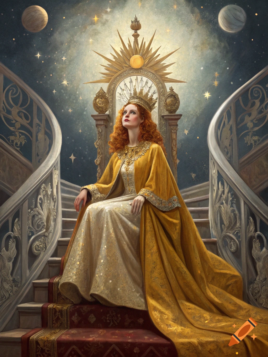 A woman in a golden robe and crown sits on a grand throne under a ...