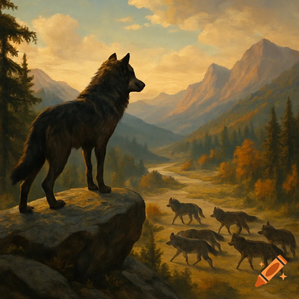 A large wolf stands on a rock overlooking a valley with a pack of ...