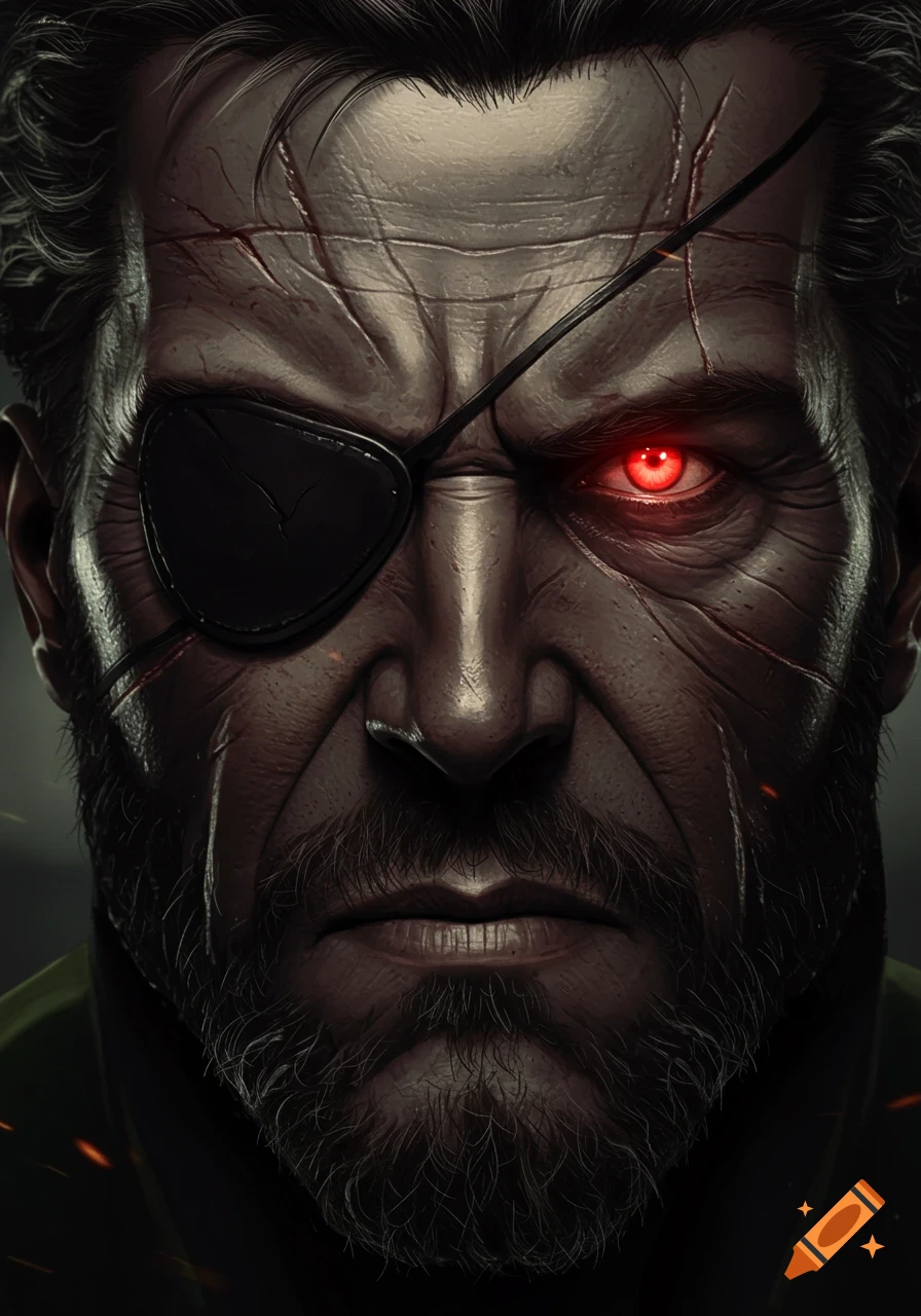 Close-up digital art portrait of a man with eyepatch, scars, and ...