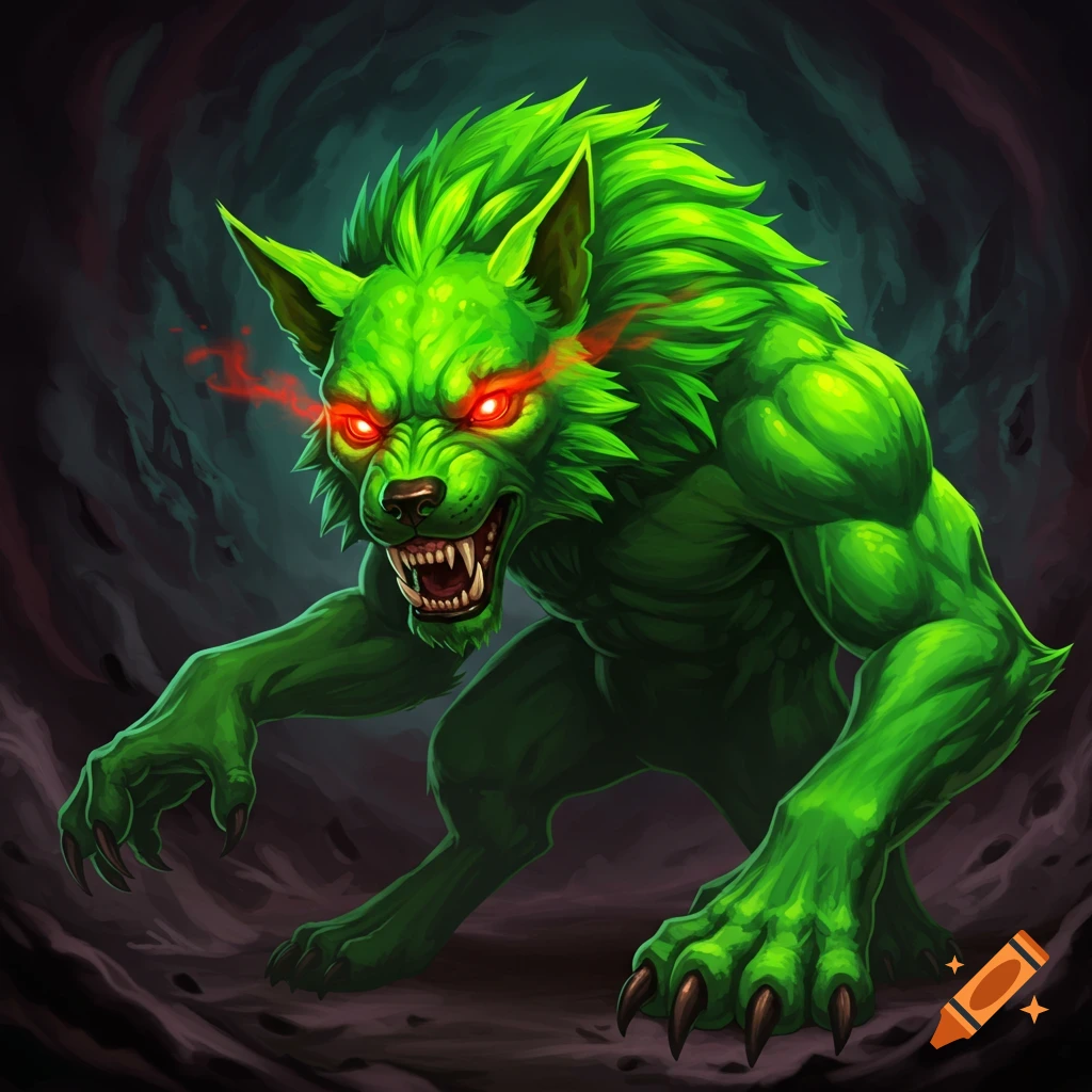 A fearsome green demon dog or werewolf with glowing red eyes. on Craiyon