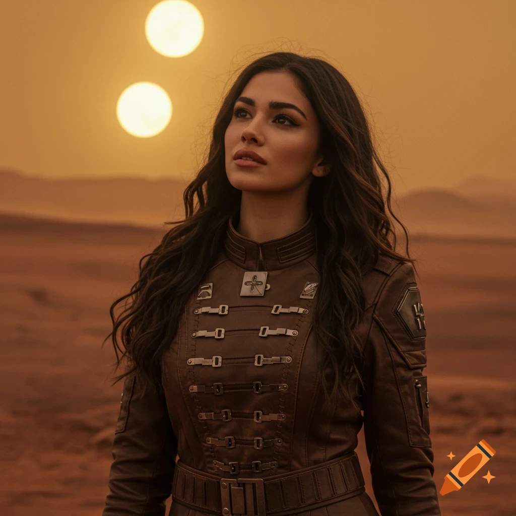 A woman in a brown leather jacket stands on a desert planet under two suns. on Craiyon