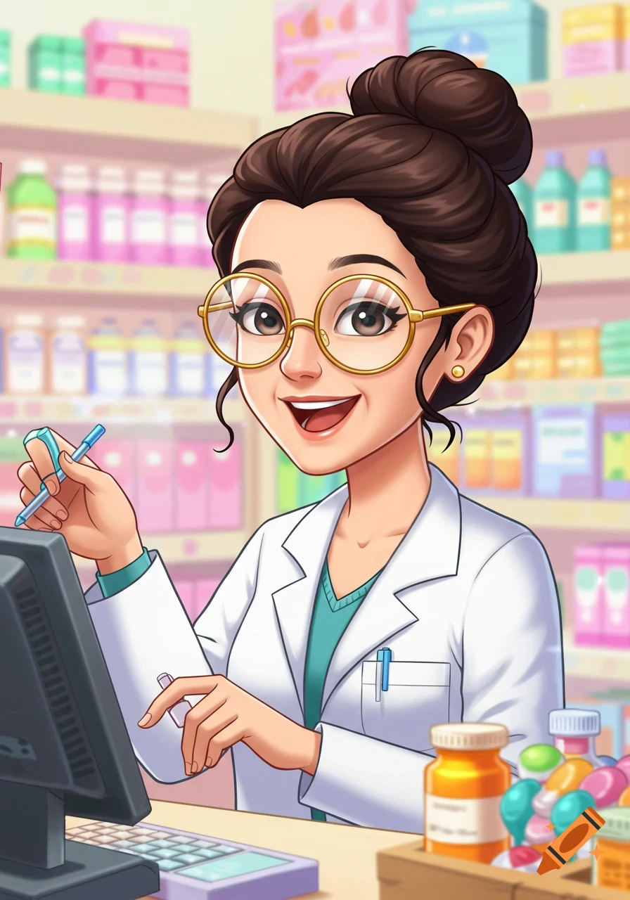 Cartoon pharmacy technician woman in lab coat and glasses at a counter ...