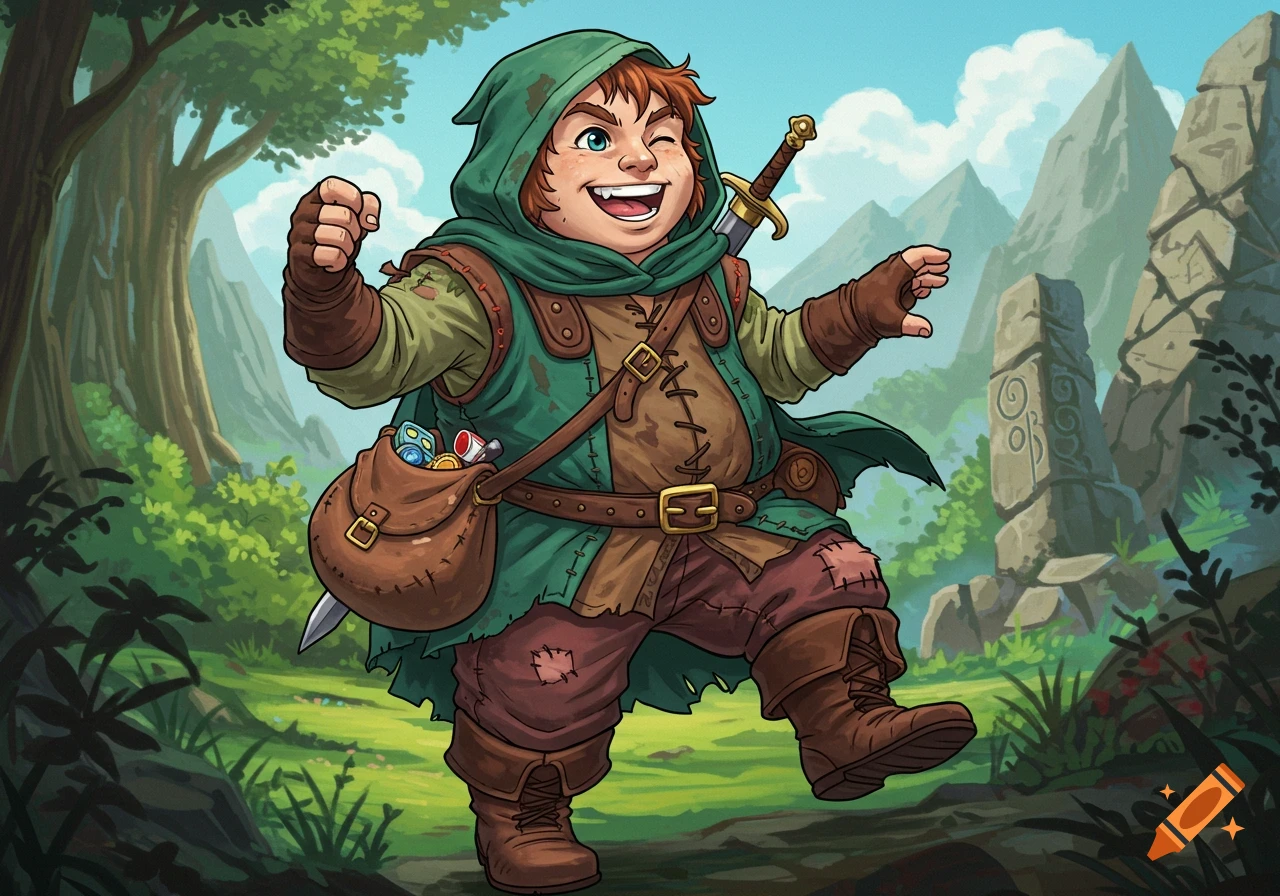 Portly halfling rogue adventurer in a fantasy forest clearing ...