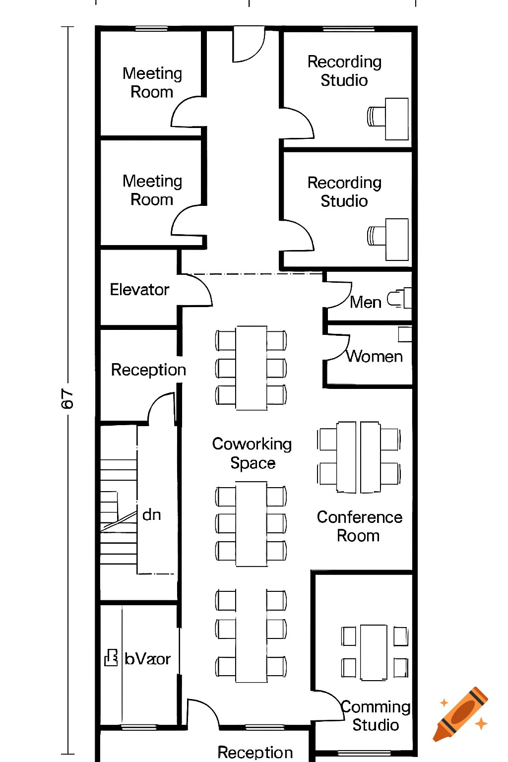 A black and white 2D floor plan diagram of a coworking space layout ...