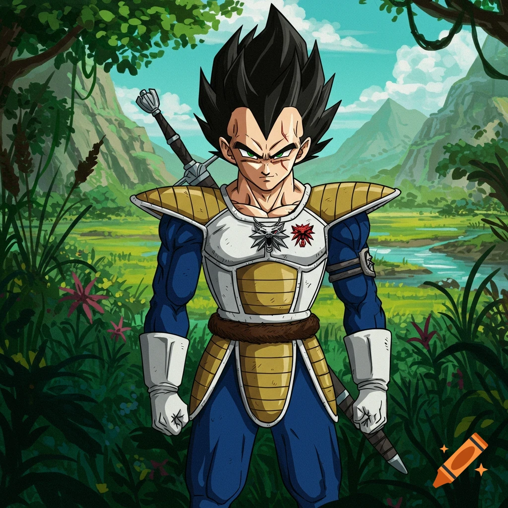 Anime illustration of Vegeta from Dragon Ball Z dressed in Witcher-like ...
