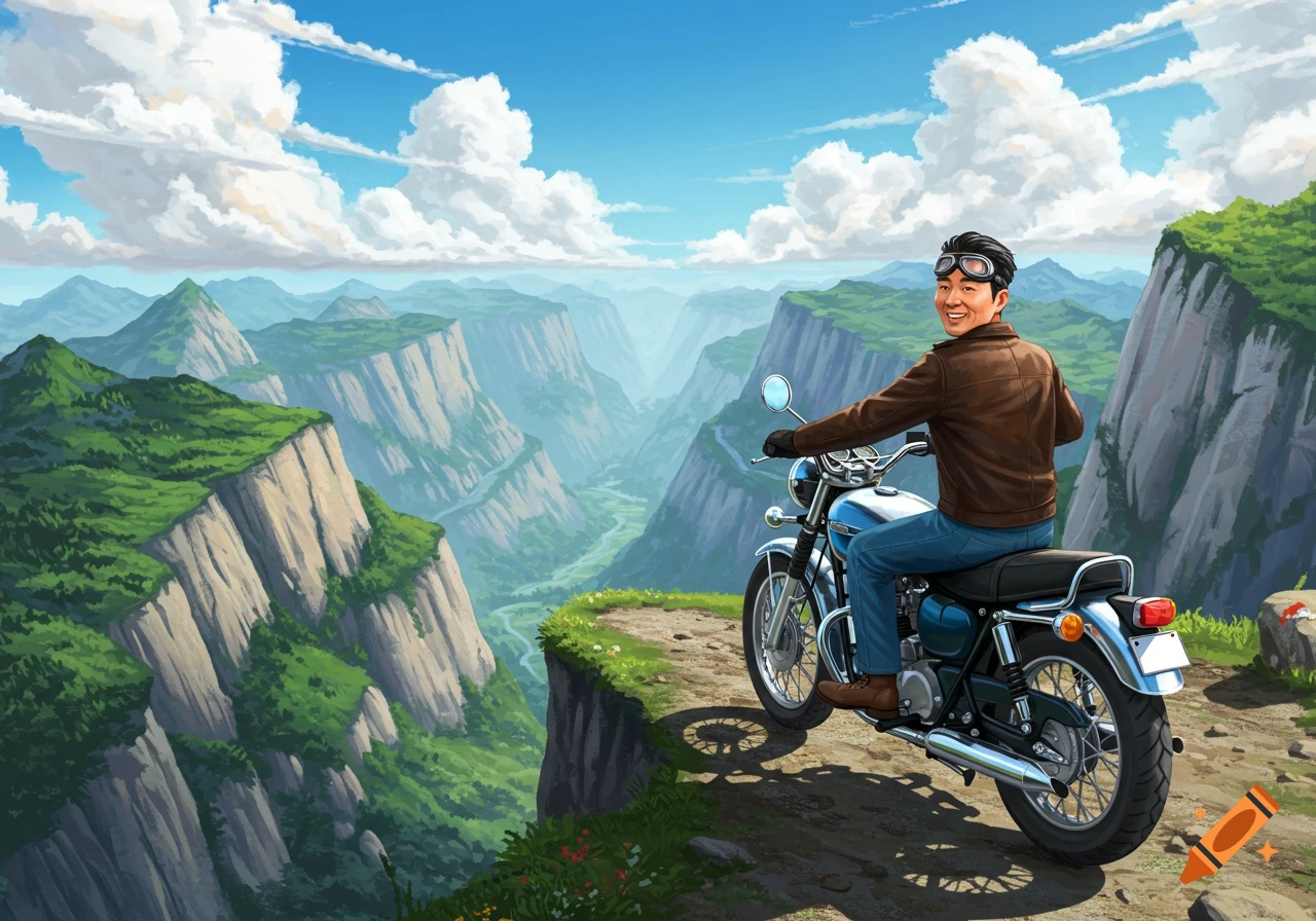 Illustration of a man on a motorcycle at the edge of a mountain cliff ...