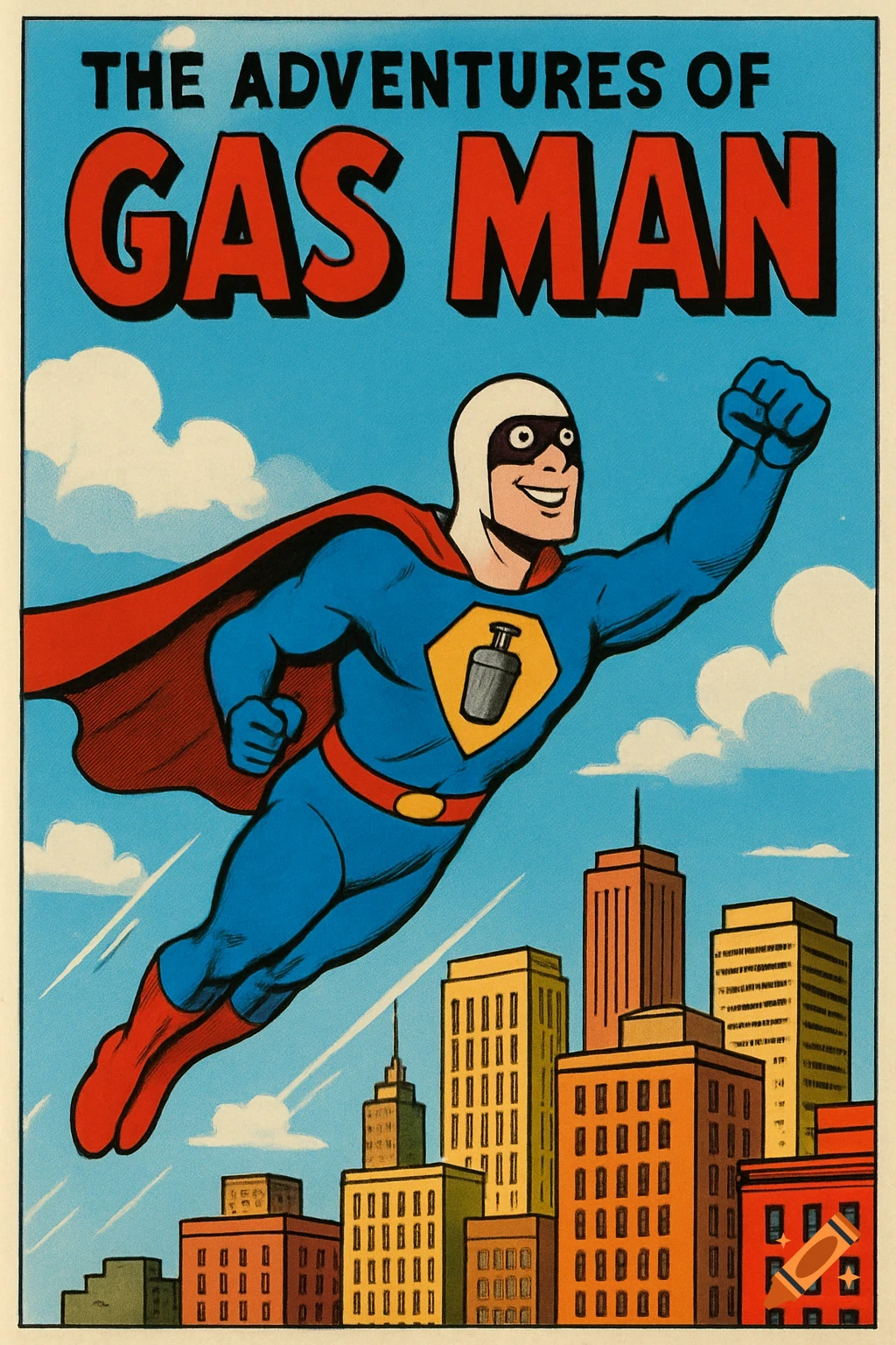 Comic book cover showing superhero Gas Man flying over a city. on Craiyon