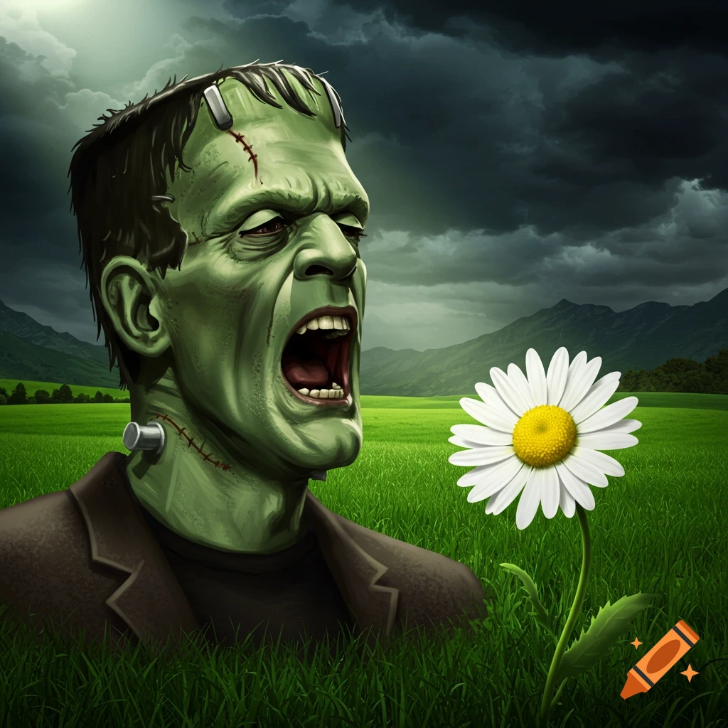Green Frankenstein monster yelling at a single white daisy in a grassy ...