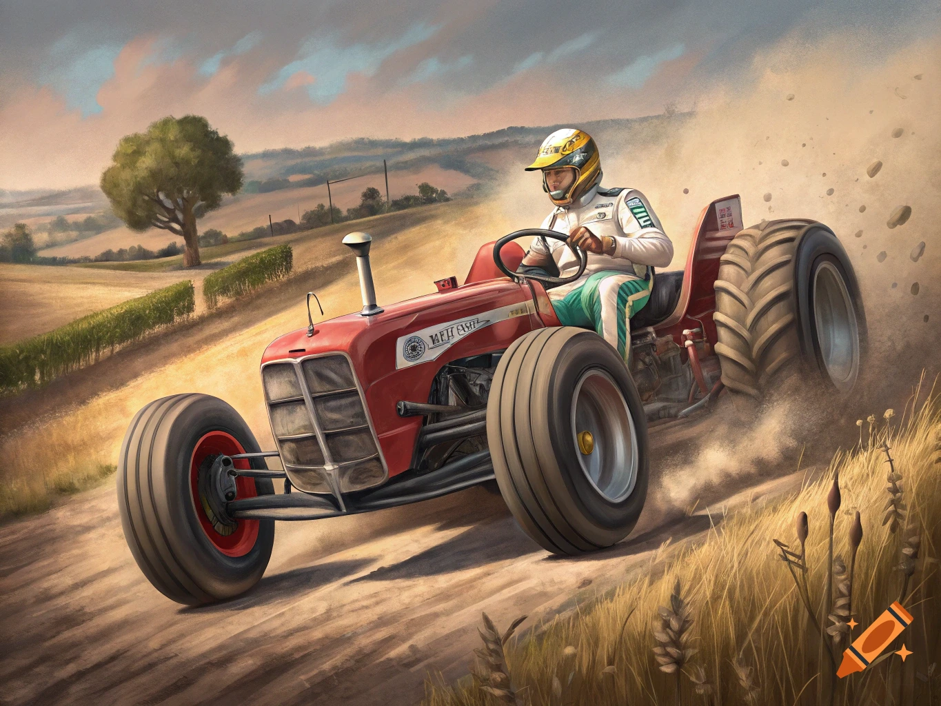 Man in racing suit drives a red tractor on a dirt track through fields ...