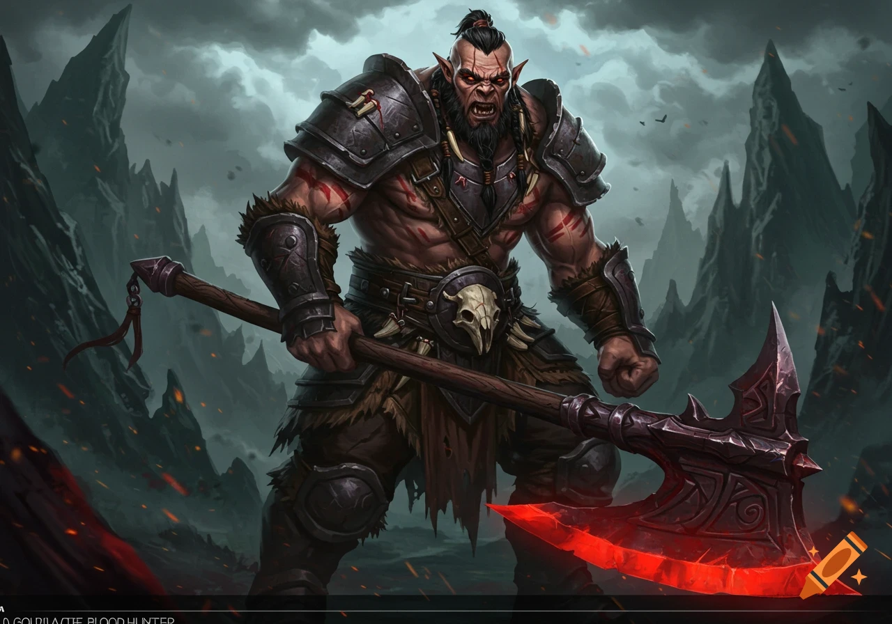 A fierce fantasy orc warrior in armor holds a large axe, standing in a rocky landscape under a ...
