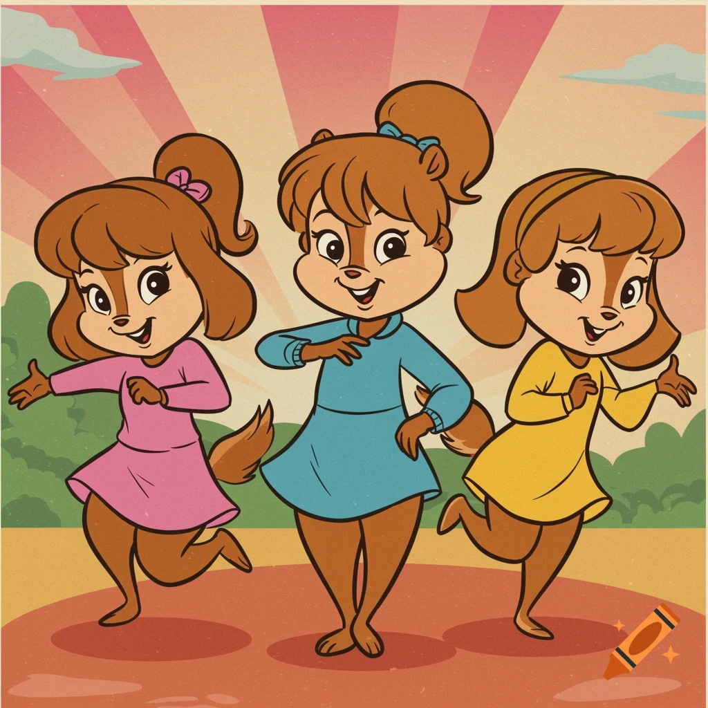 The Chipettes, three cartoon chipmunk girls, dancing in a vintage 1960s ...