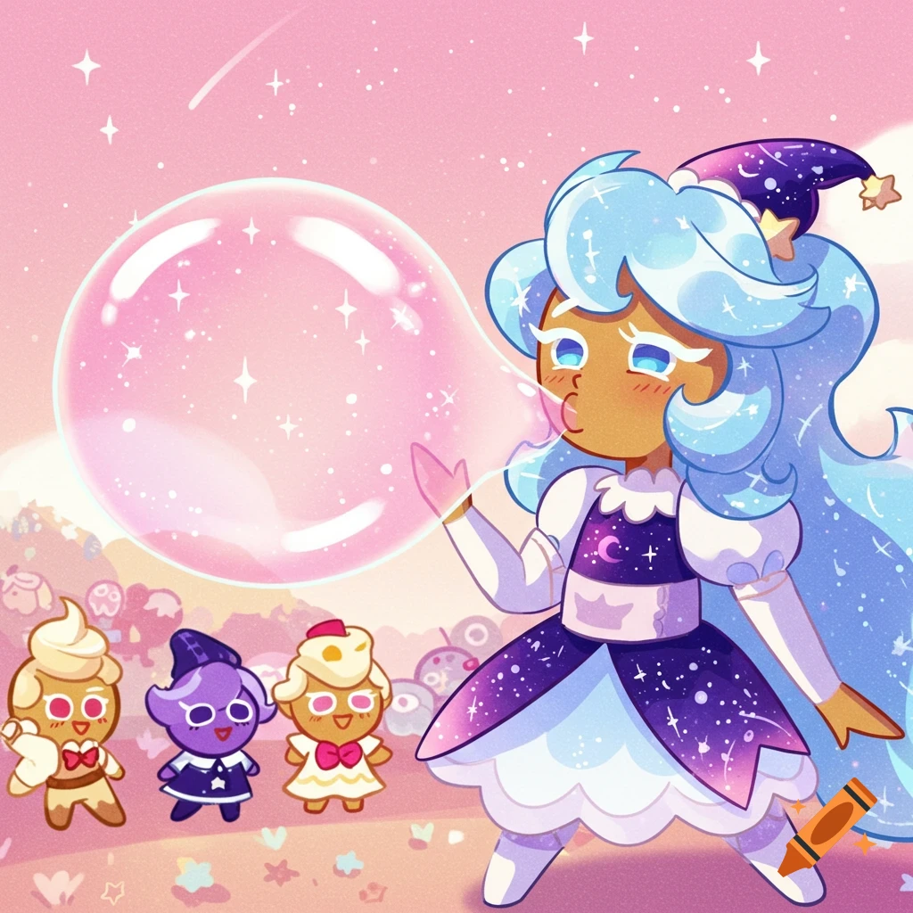 Stardust Cookie blows a large pink bubble while other cookie characters watch in a stylized ...