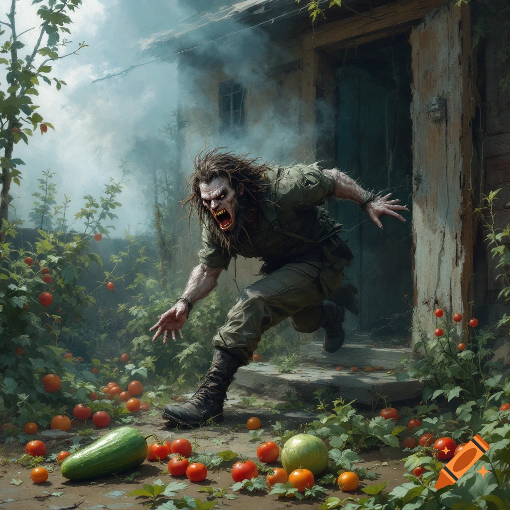 A grotesque creature with fangs and claws runs through a garden with ...