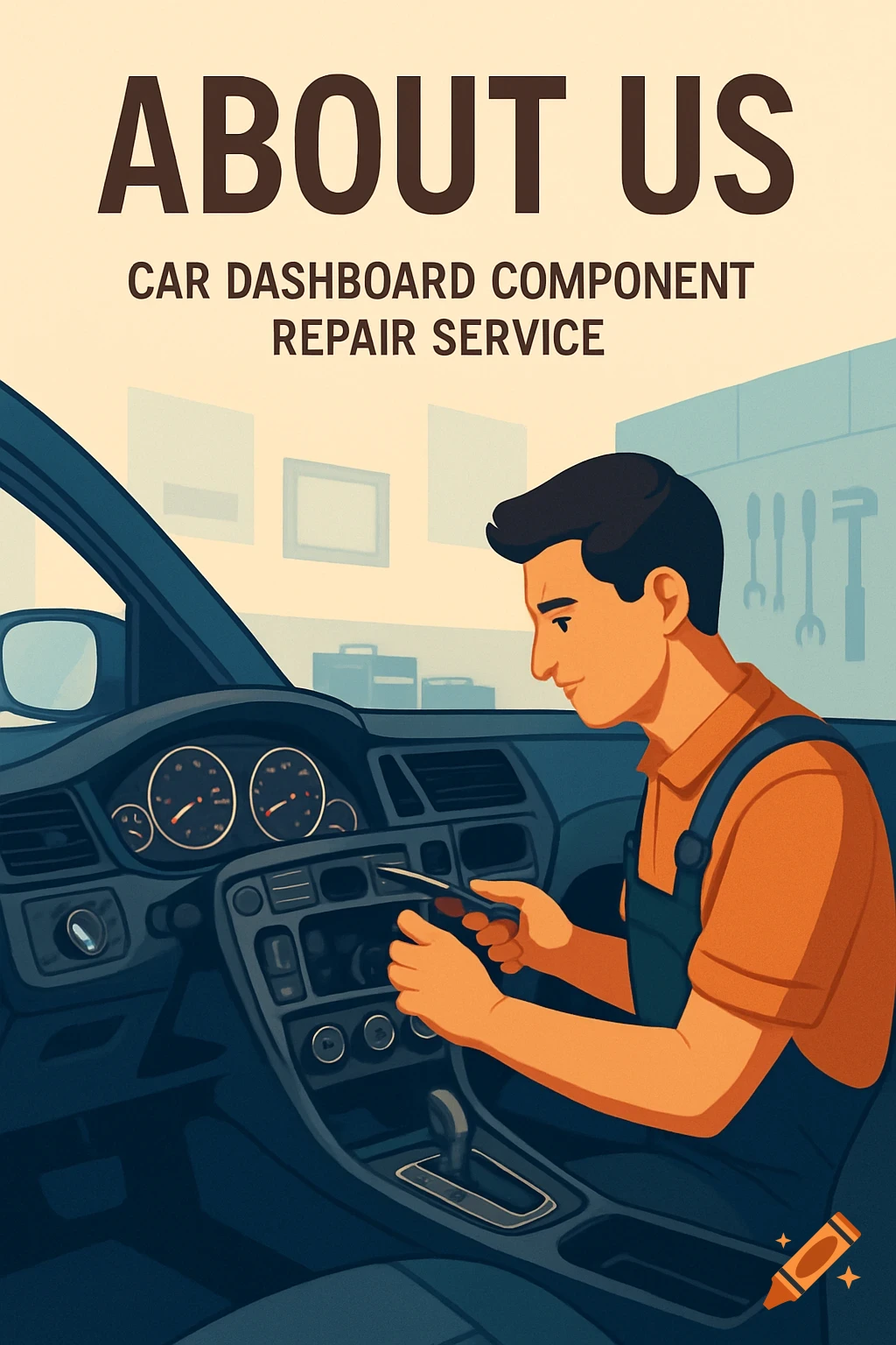 Stylized illustration of a mechanic repairing a car dashboard. Text ...