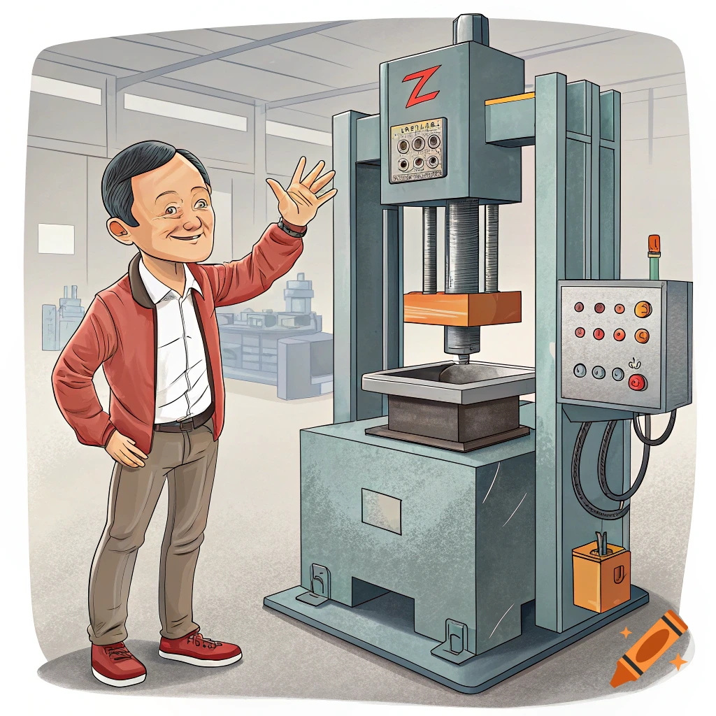 A cartoon illustration of a man standing next to a large hydraulic ...