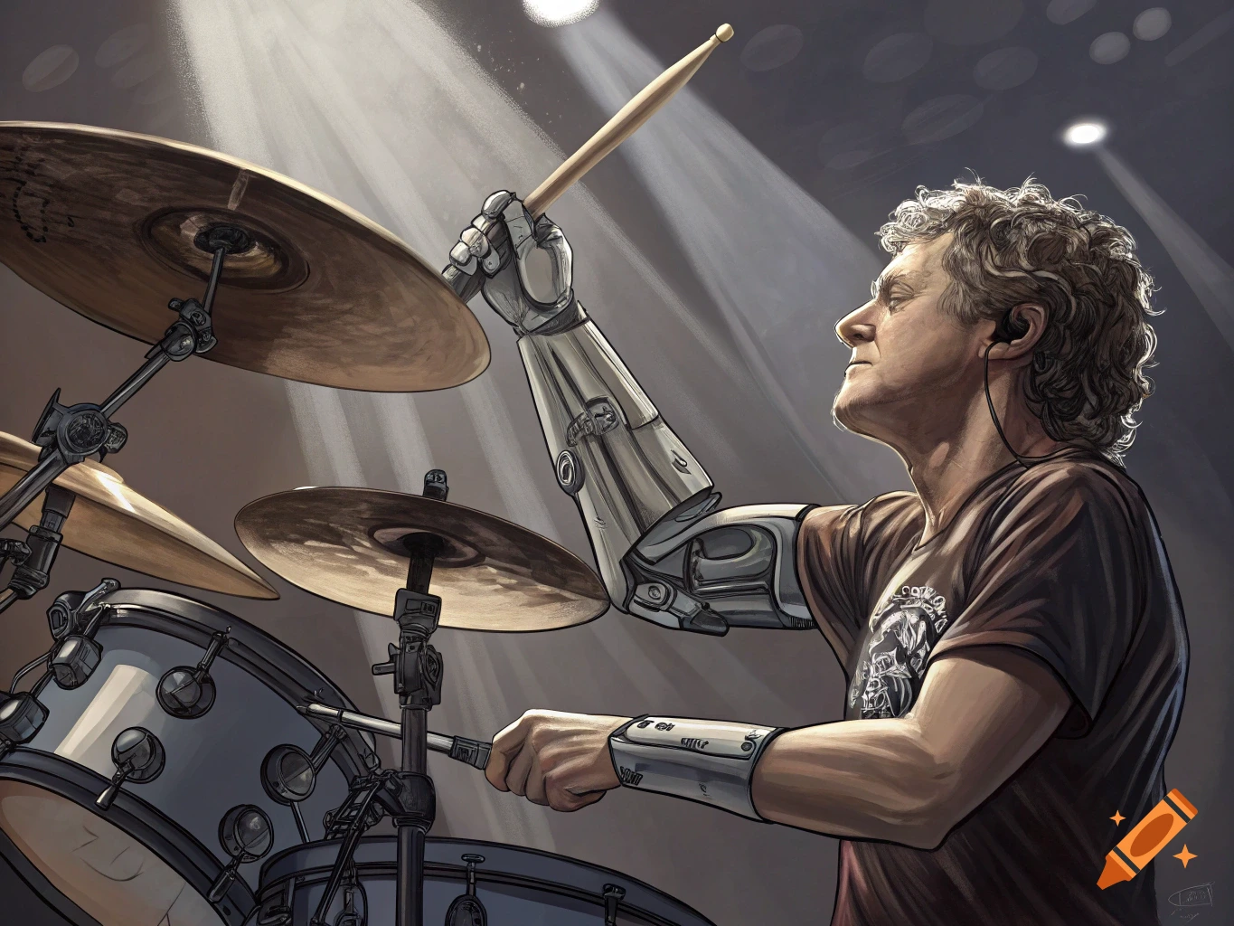 Illustration of a drummer with a robotic left arm playing drums on ...