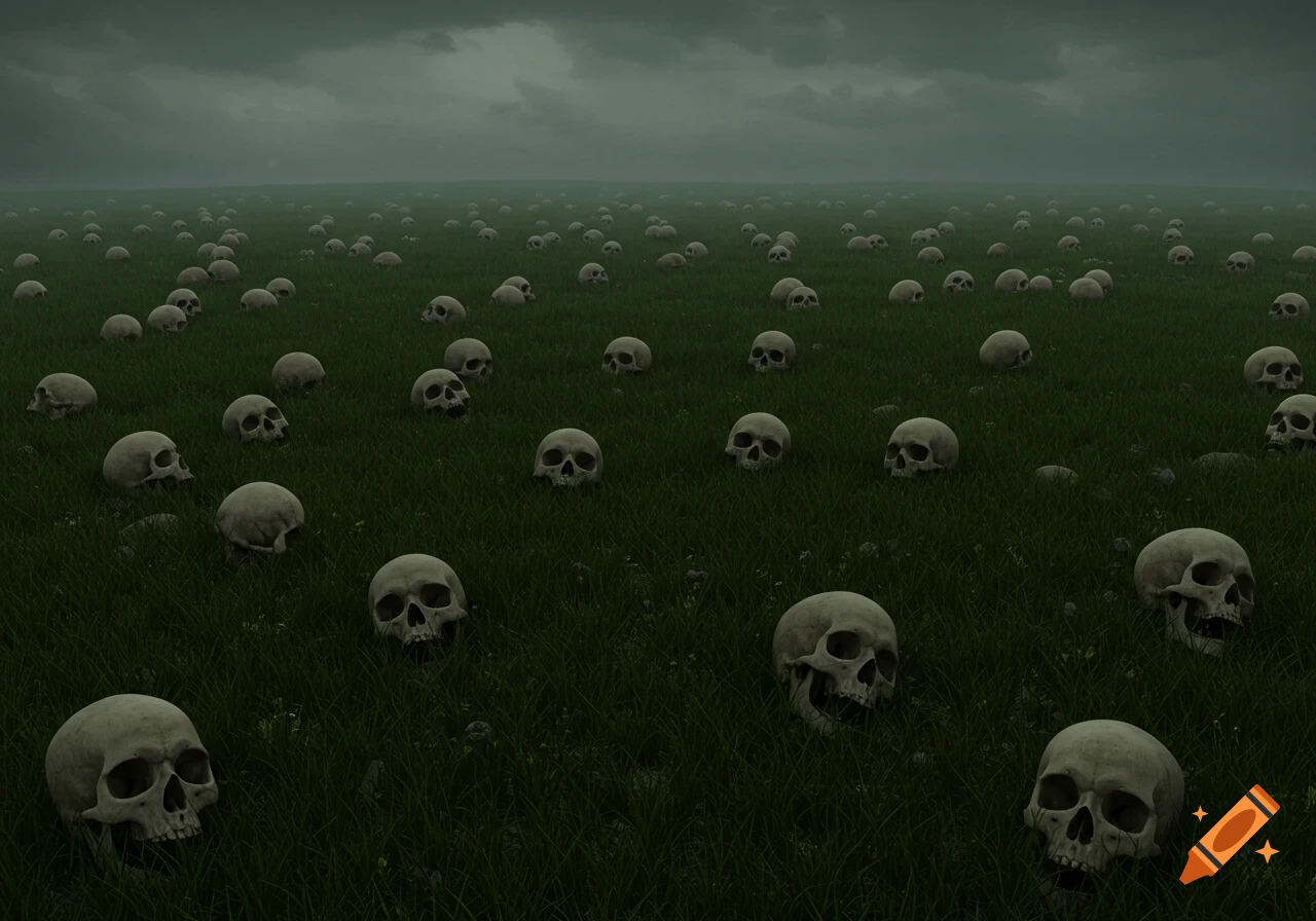 A field of grass filled with scattered human skulls under a dark ...
