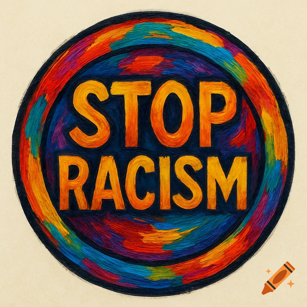 Circular badge with 'STOP RACISM' text and a colorful, abstract border ...