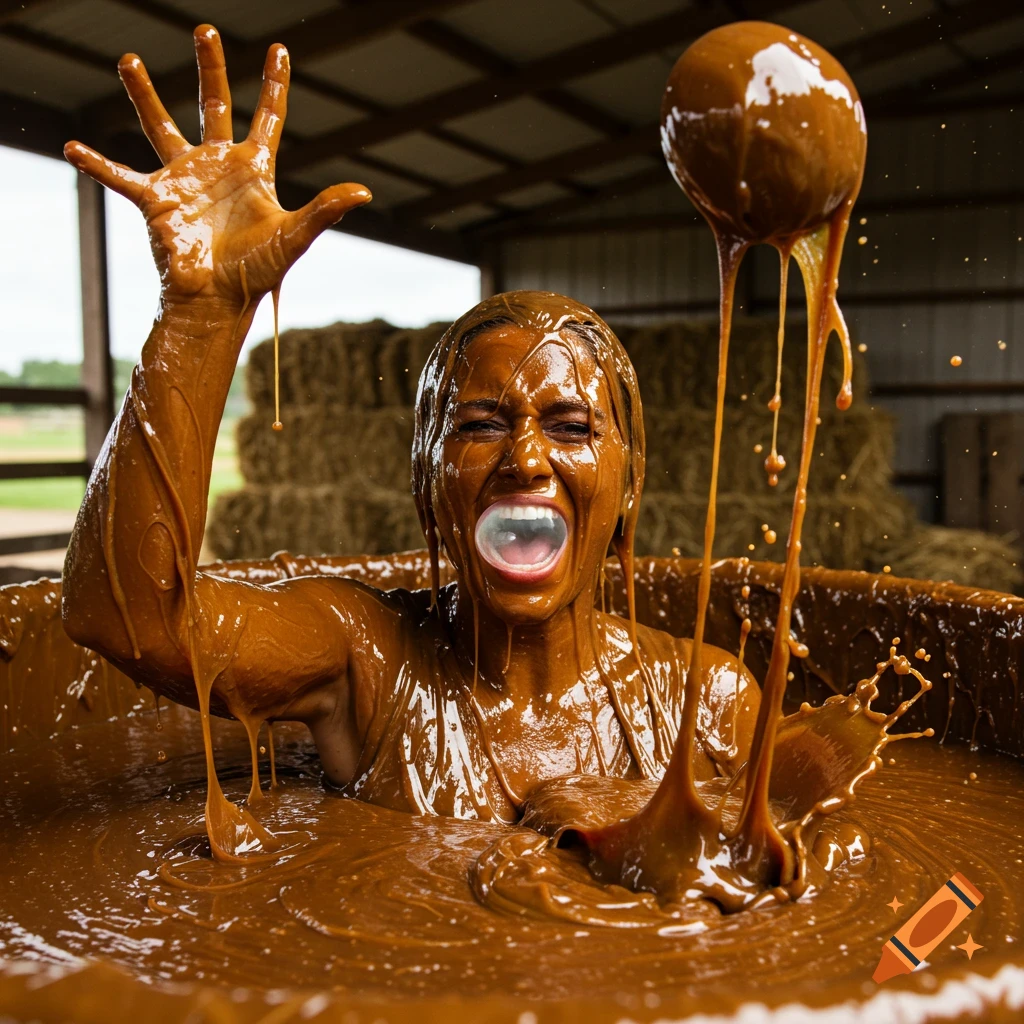 Woman covered in thick brown liquid, reaching out of a vat in a barn on ...