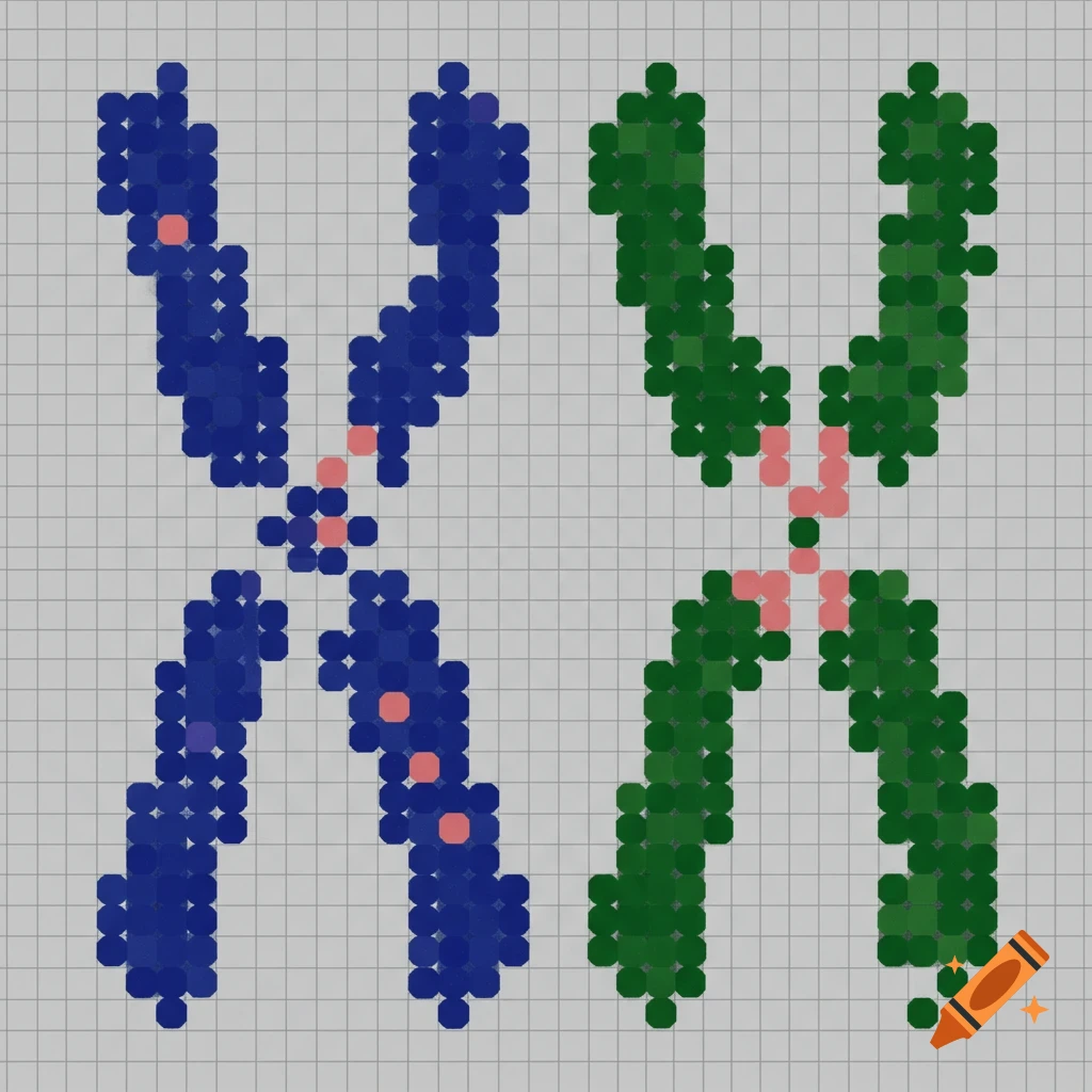 Pixel art of blue and green homologous chromosomes on a grid. on Craiyon