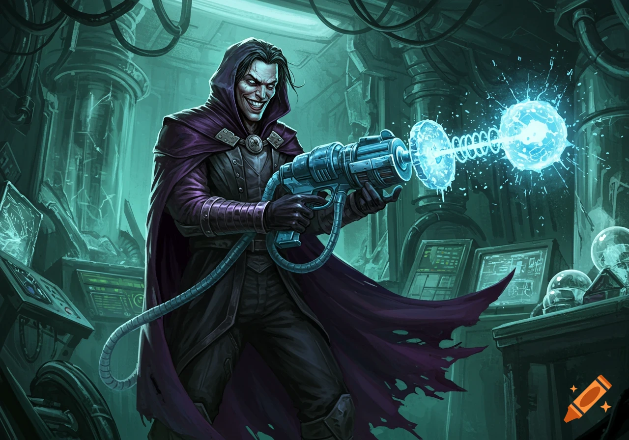 Villain in a lab holding a sci-fi ray gun, aiming at a glowing energy ...