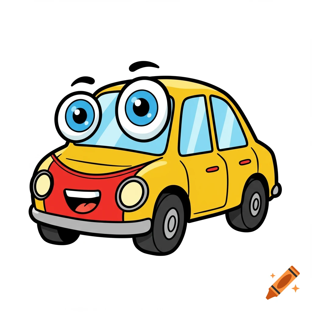 A cartoon yellow car character with big blue eyes and a wide smile. on ...