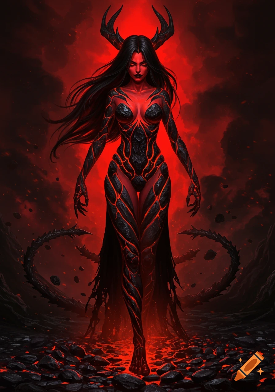 A demonic woman with horns, red skin, and glowing black patterns walks through a fiery, rocky ...