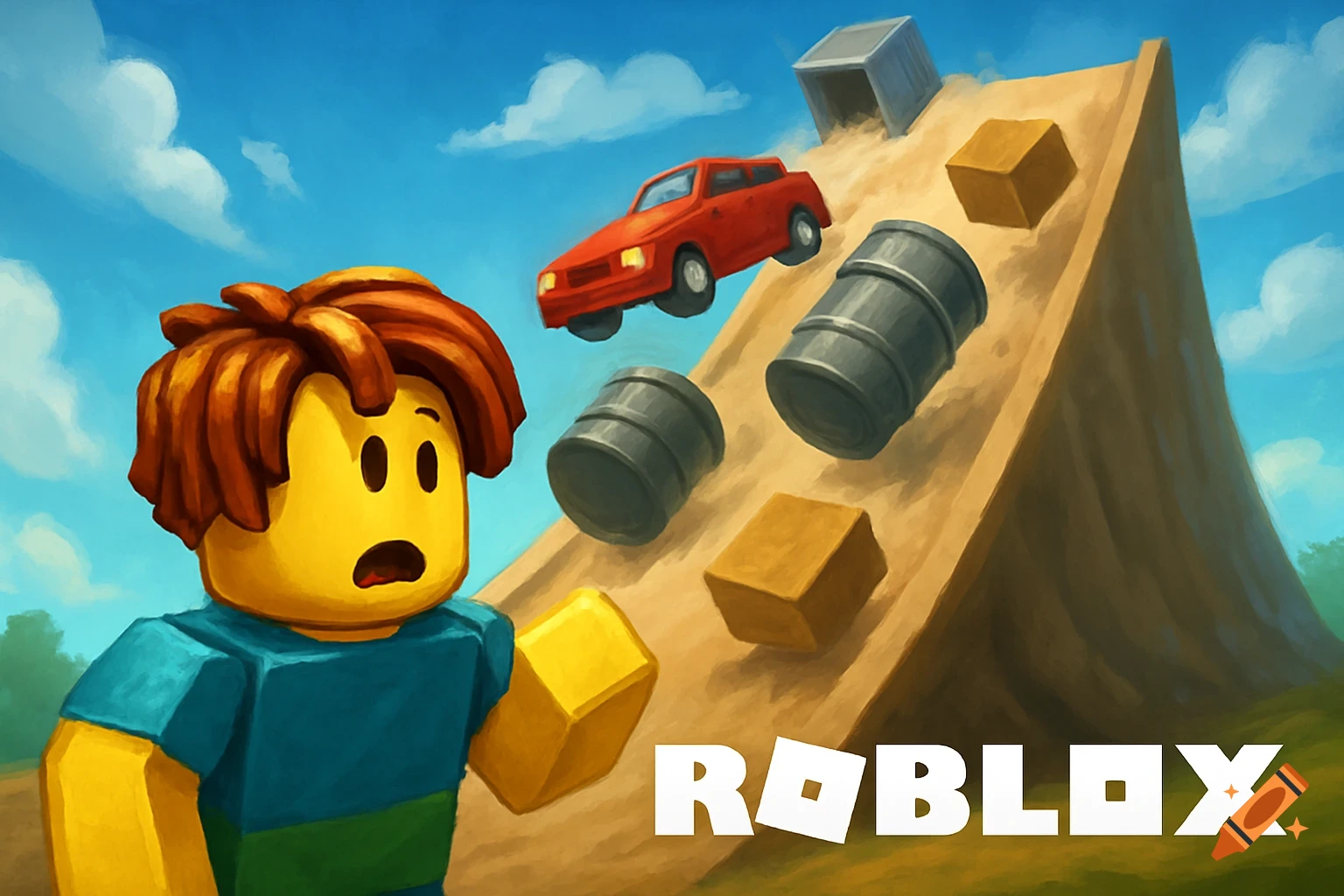 Illustrated Roblox thumbnail with a character watching a car and ...