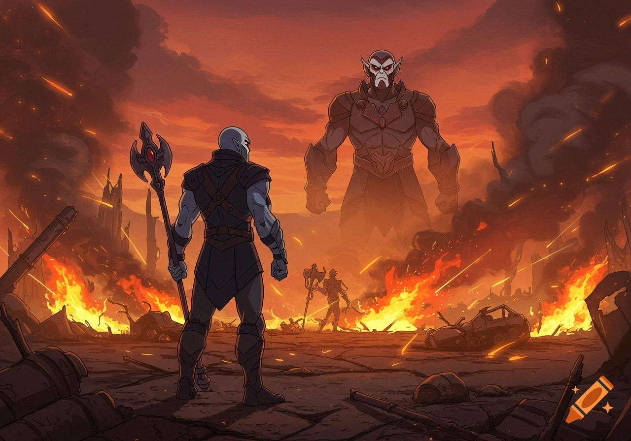 Animated characters Hordak and Horde Prime face off on a fiery ...