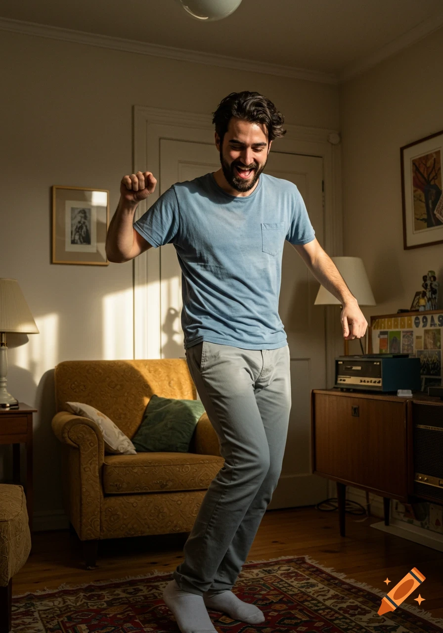Man dancing happily in a living room with warm sunlight on Craiyon
