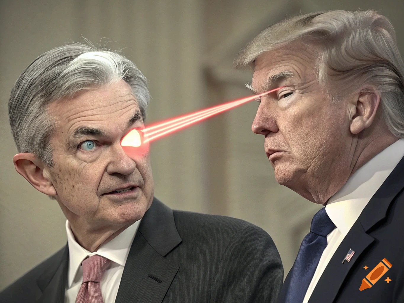 Jerome Powell with laser eyes looking at Donald Trump with laser eyes ...