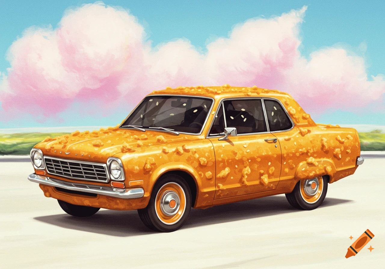An orange vintage car is covered in chicken nuggets under a blue sky ...