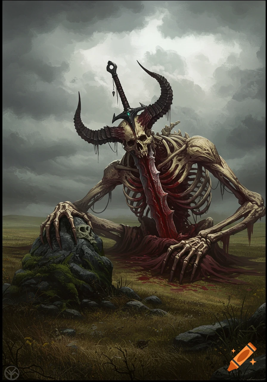 Dark fantasy art of a massive horned skeleton impaled by a sword ...