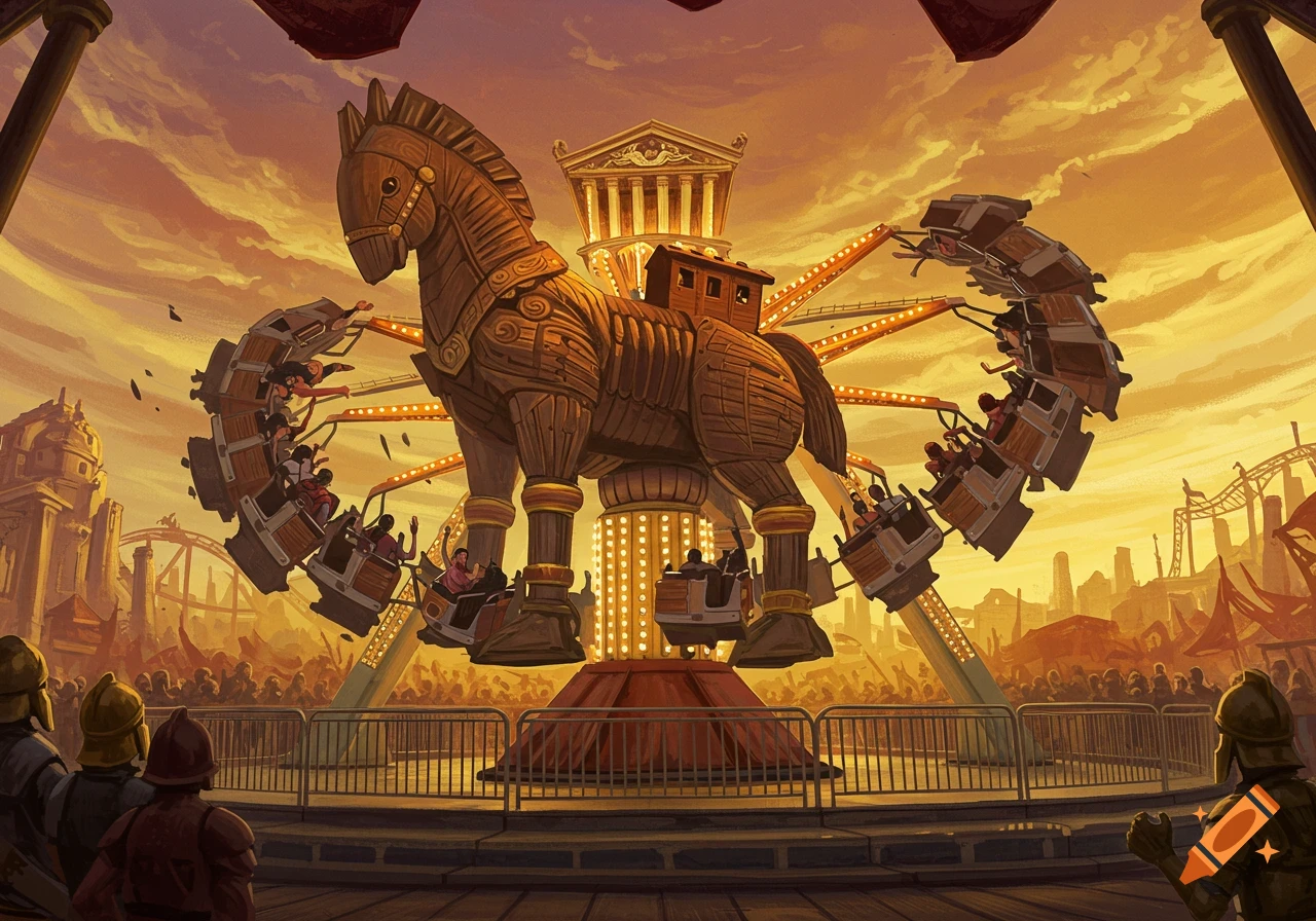 Giant wooden Trojan horse amusement park ride at sunset with people and soldiers on Craiyon