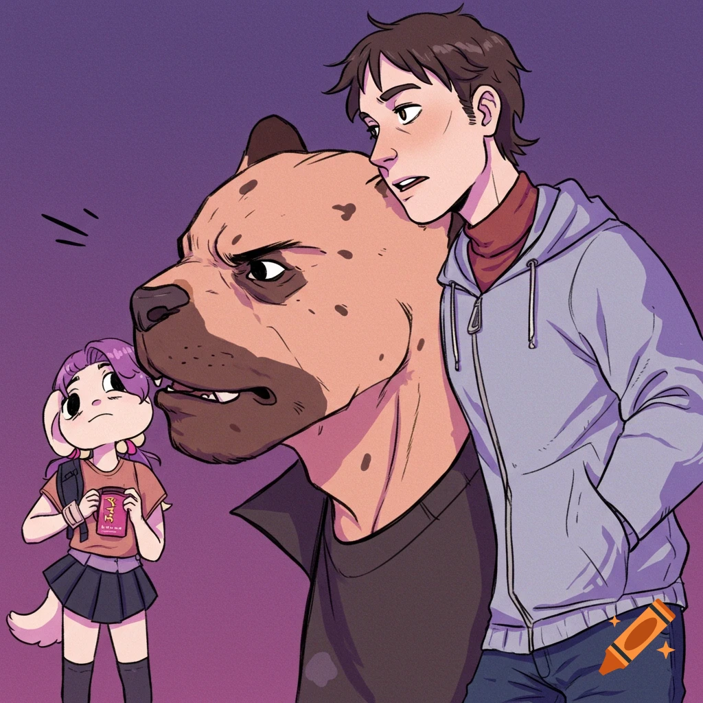 Comic illustration of a human looking surprised at a stern dog-like ...