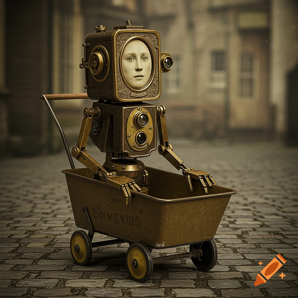 A steampunk automaton with a camera for a head sits in a small pushcart ...