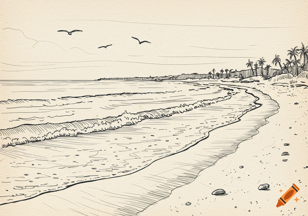 Line art sketch of a beach with waves, sand, palm trees, and seagulls ...