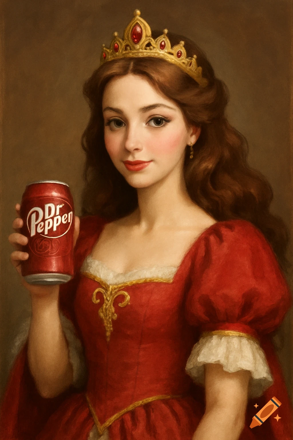 A woman dressed as a princess in a classical painting style holds a can ...