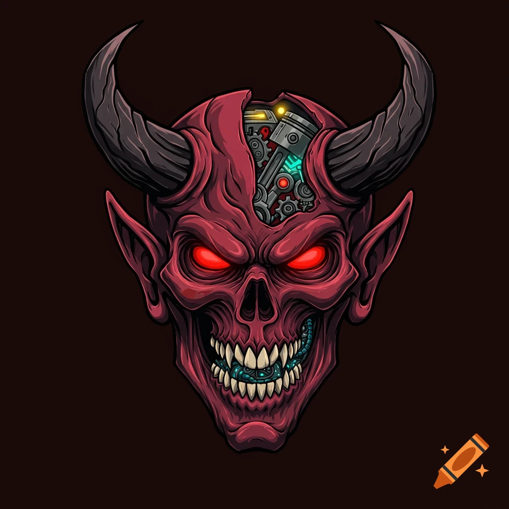 Red demon head illustration with horns, glowing red eyes, sharp teeth ...