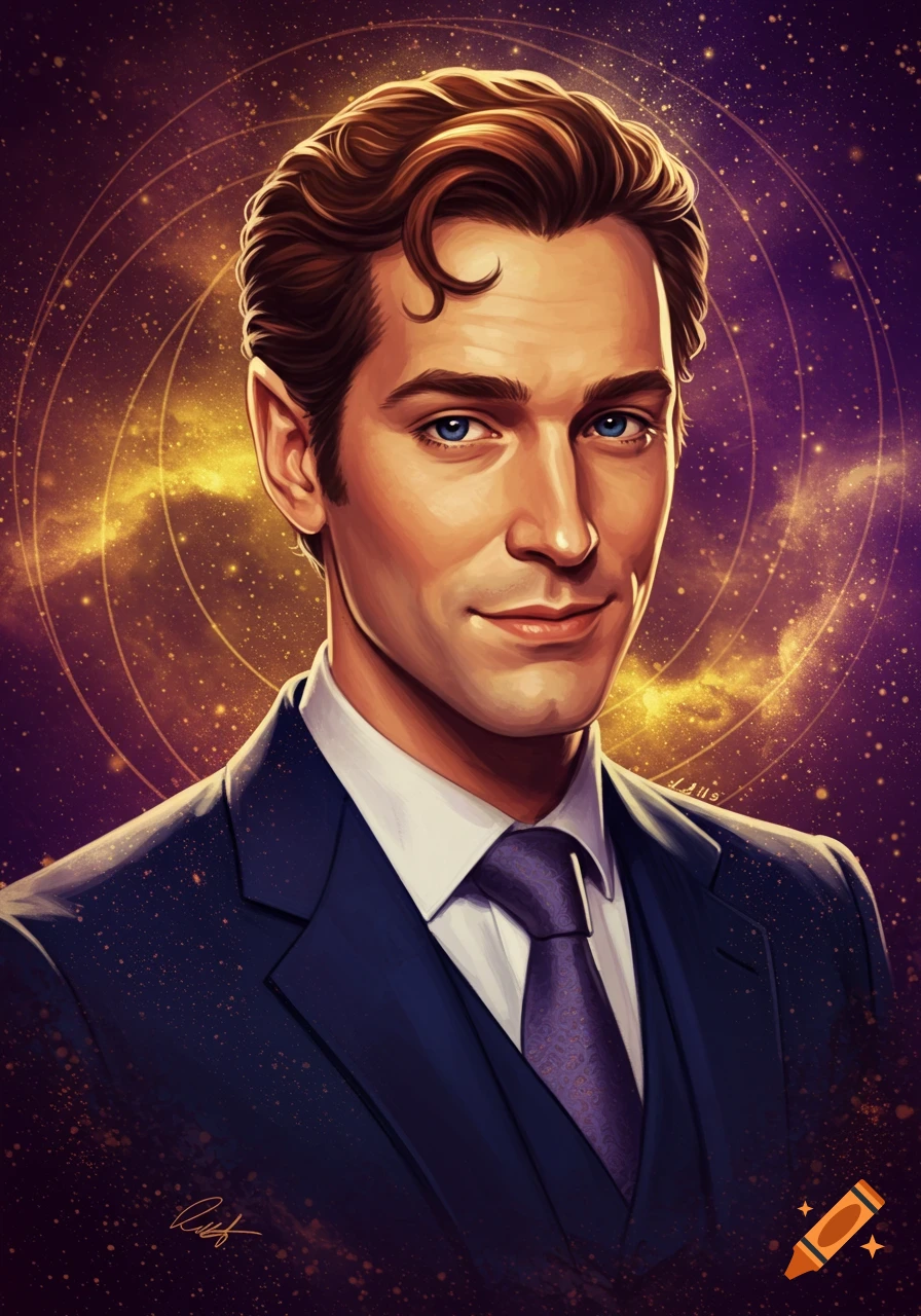 Portrait of a debonair man in a suit against a gold and purple cosmic ...