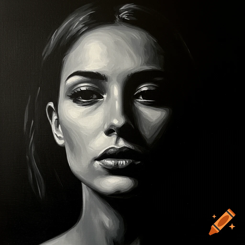 Black And White Abstract Painting Of A Woman S Face With Strong Shadows