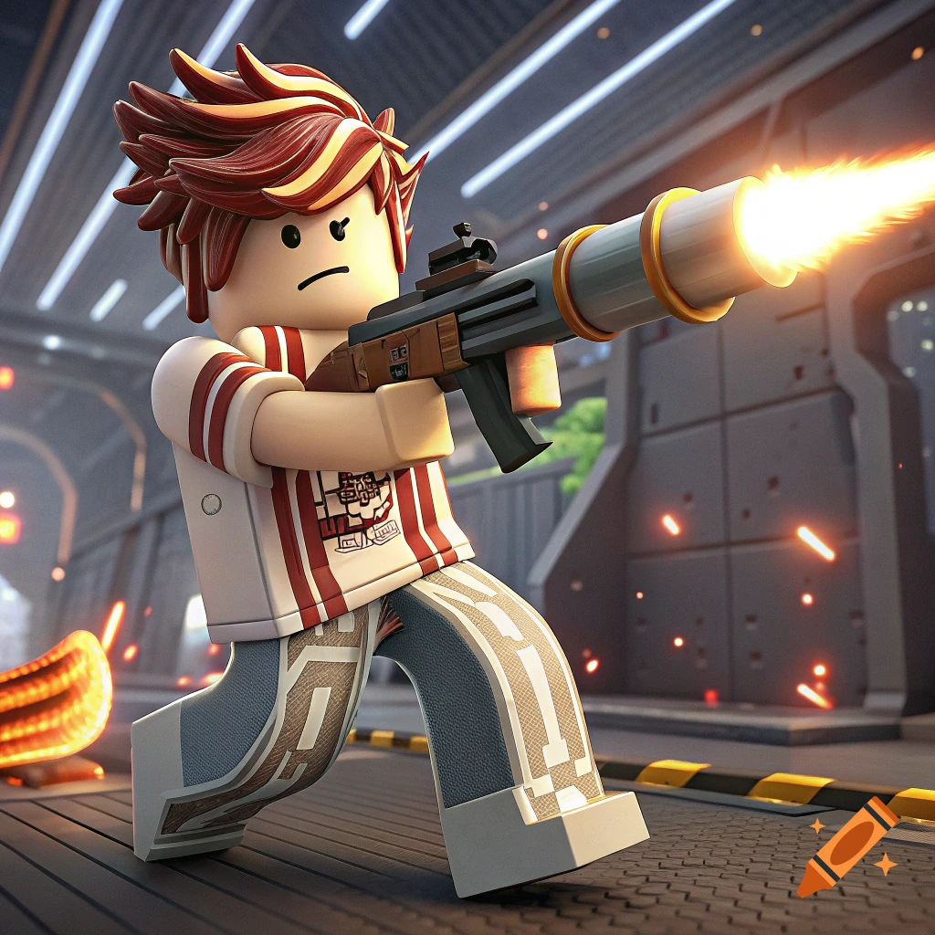 Roblox-style character fires a rocket launcher in a futuristic corridor ...