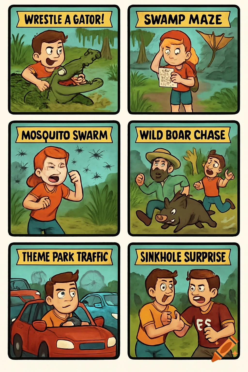 Six cartoon panels depict various challenges: wrestling a gator ...